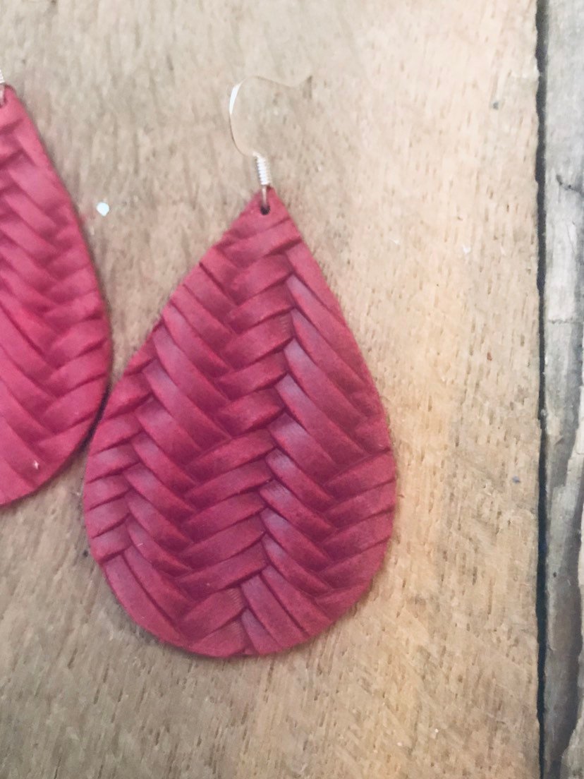 Fishtail Braid - Raspberry Teardrop Leather Earrings – Luna & Loki Design